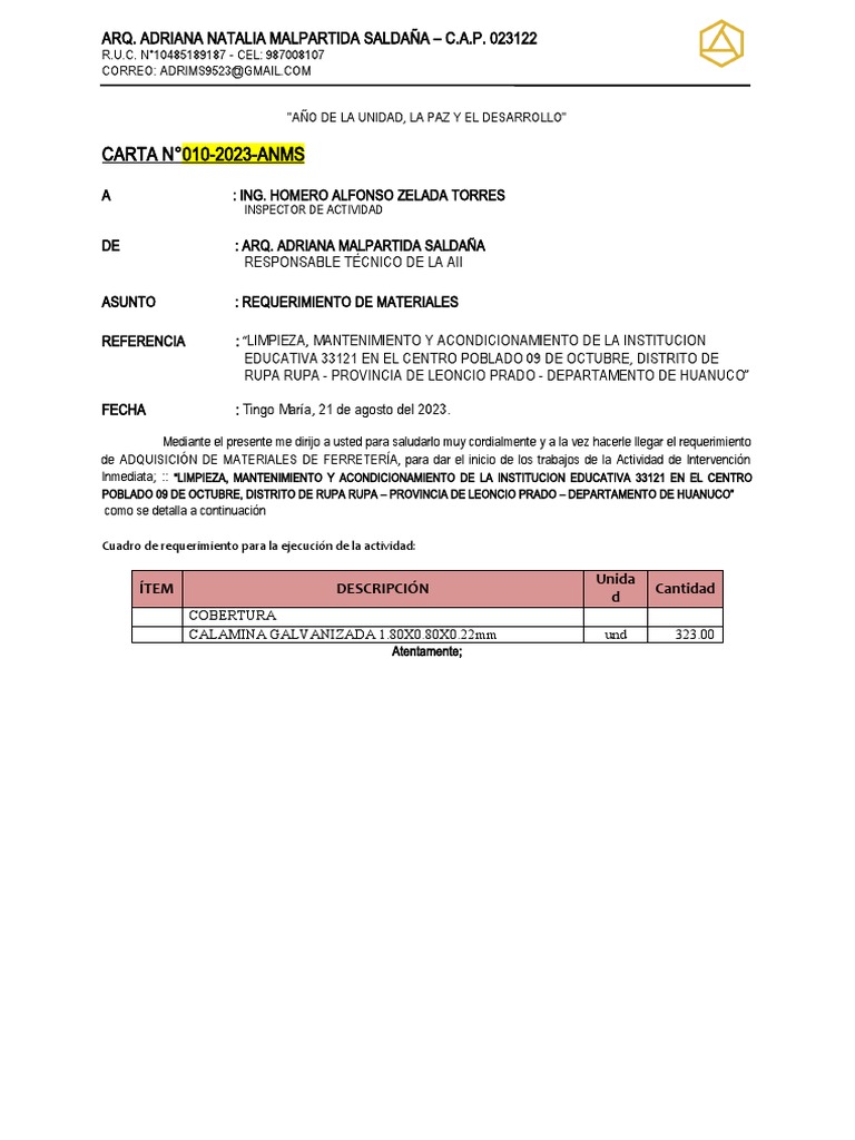 Carta N°015-2023-Anms-Rt-Requerimiento de Materiales | PDF | Gobierno