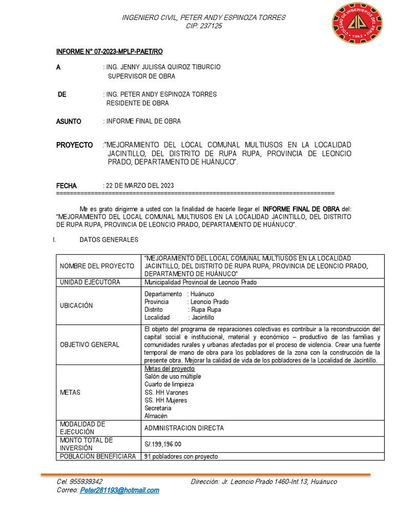 INF. N07 2023 Informe Final de Obra RESIDENCIA | PDF | Fundación (Ingeniería) | Hormigón