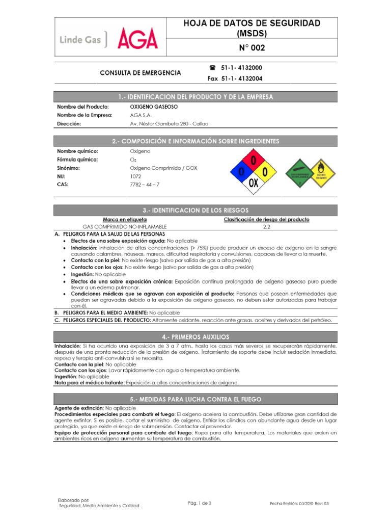3.-Msds-Oxigeno Aga | PDF