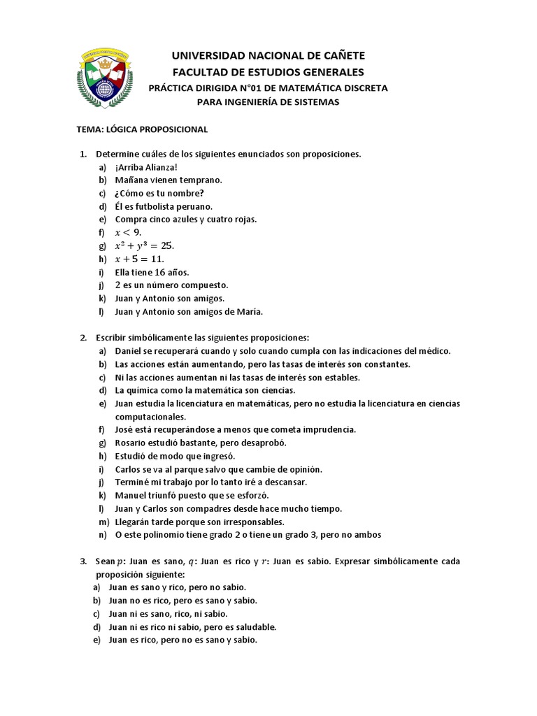 Práctica Dirigida de Lógica Proposicional | PDF | Proposición | Sintaxis (Lógica)