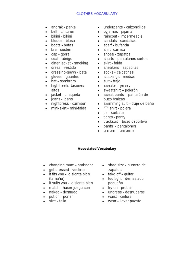 Clothes Vocabulary Guide | PDF