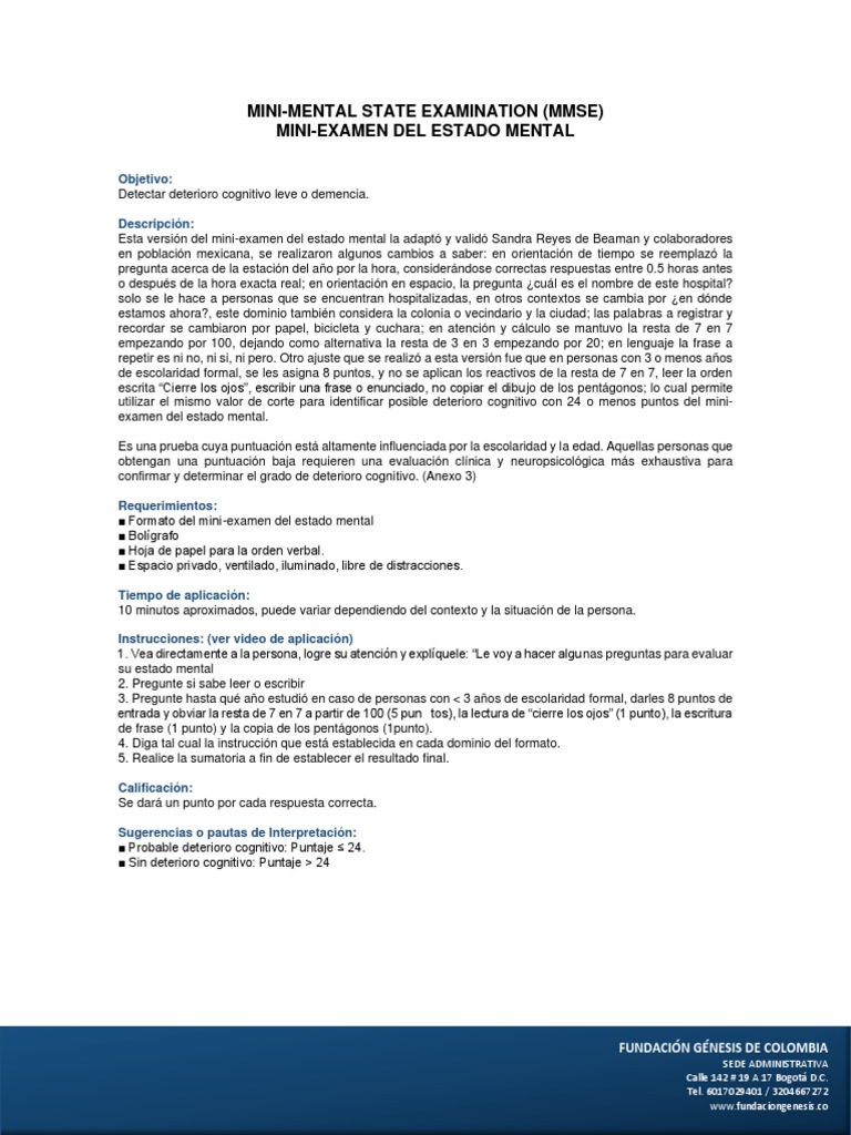 MMSE Mini Mental State Examination | PDF | Sicología | Cognición