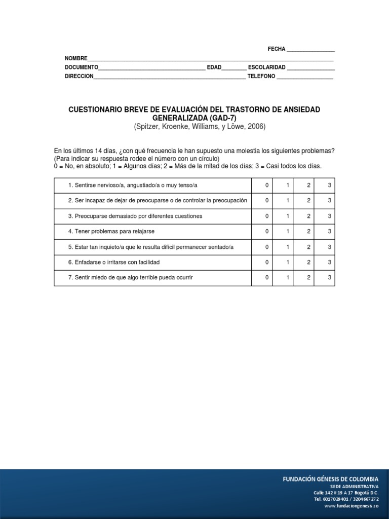 GAD 7 Cuestionario Breve de Evaluaci¿ N Del Trastorno de Ansiedad ...