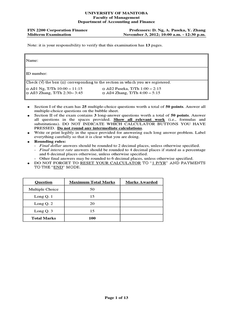 FIN 2200 Sample Midterm F12 With Solutions | PDF | Bonds (Finance ...