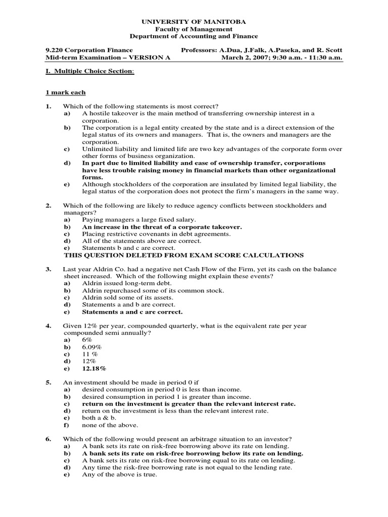 Midterm W07 With Solutions | PDF | Net Present Value | Internal Rate Of ...