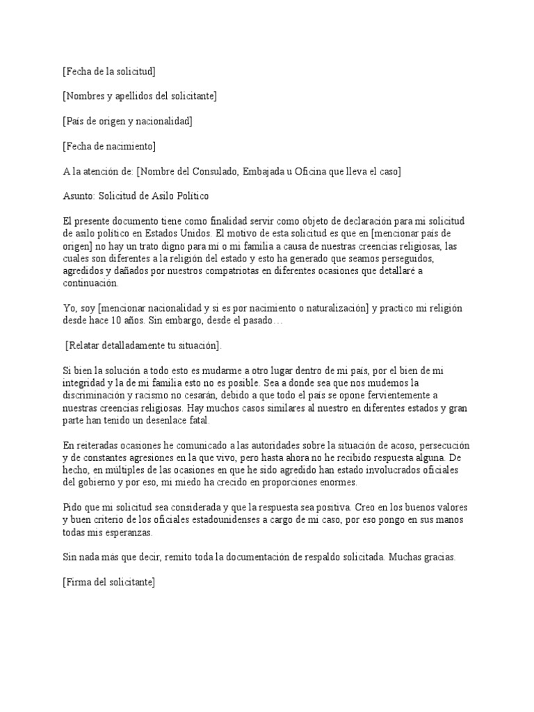 Modelo de Carta de Asilo Politico Por Motivos de Religion | PDF