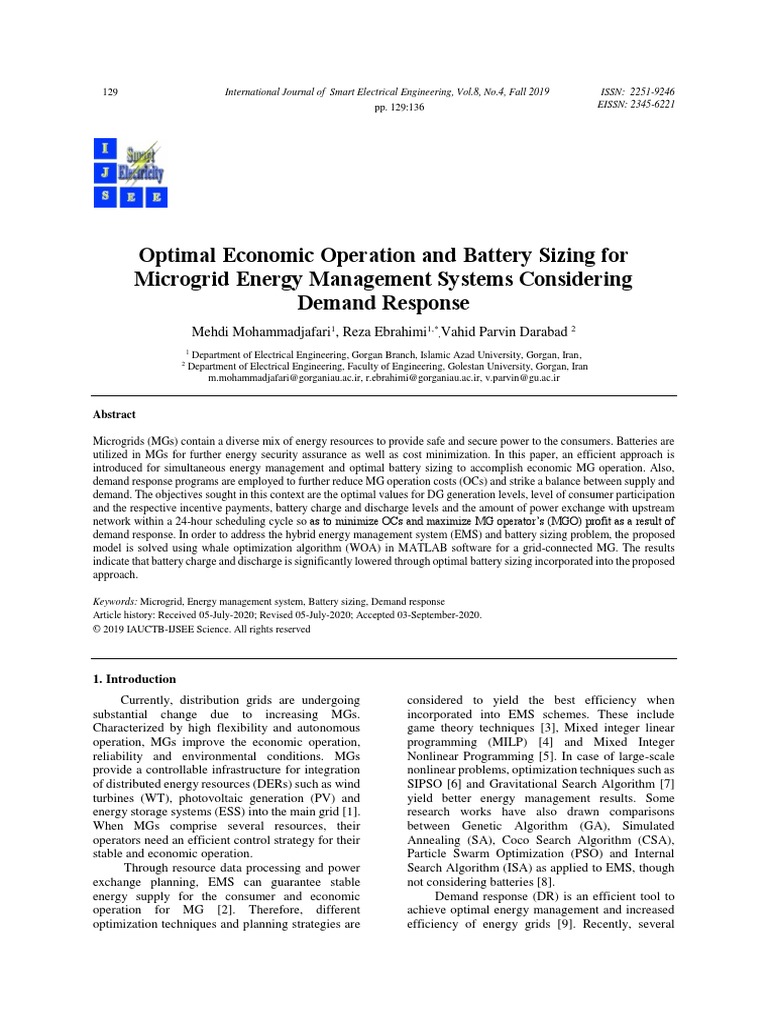 2019 Optimal Economic Operation And Battery Sizing For Microgrid