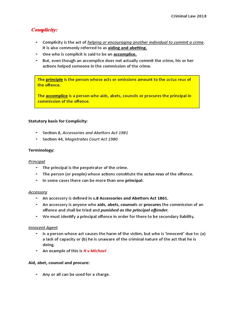 7.) Complicity - Criminal Law | PDF | Aiding And Abetting | Mens Rea