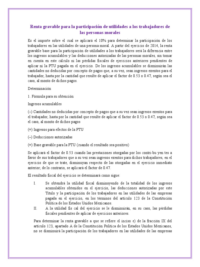 Renta Gravable para PTU a Trabajadores | PDF | Economias