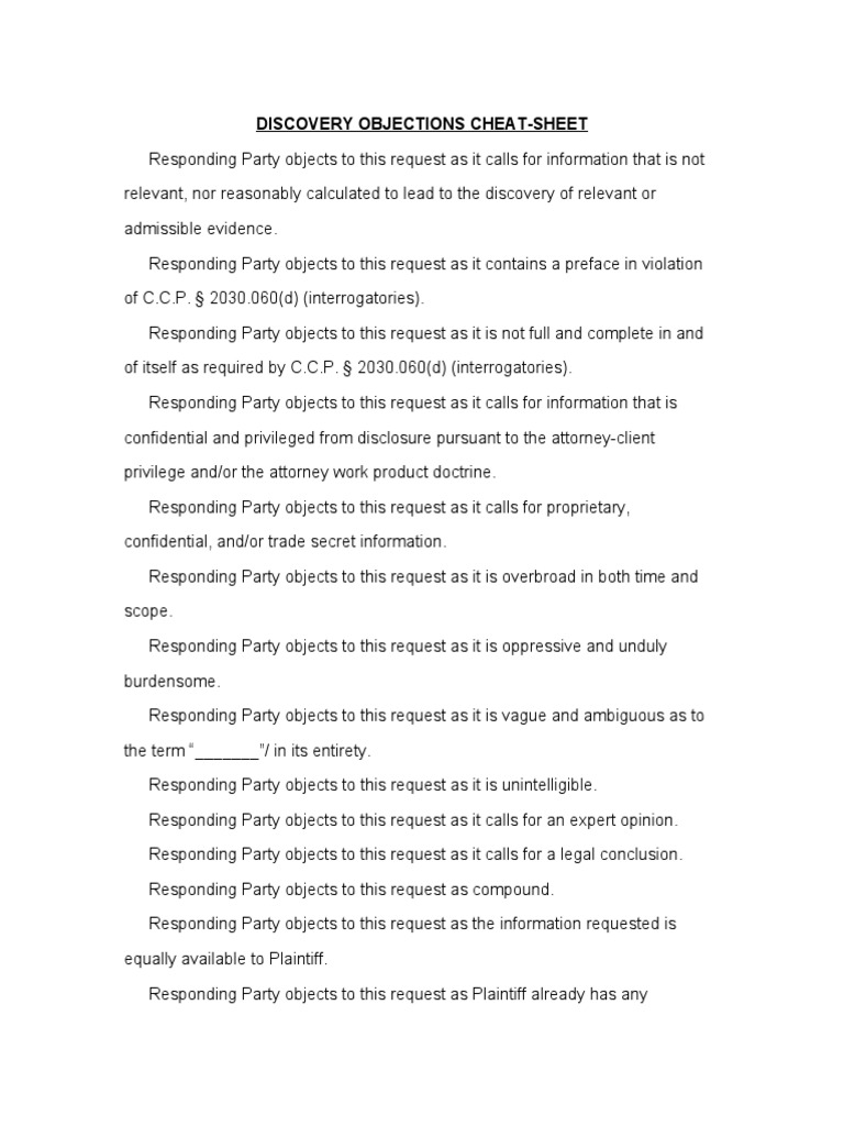 Texas Written Discovery Objections List | PDF