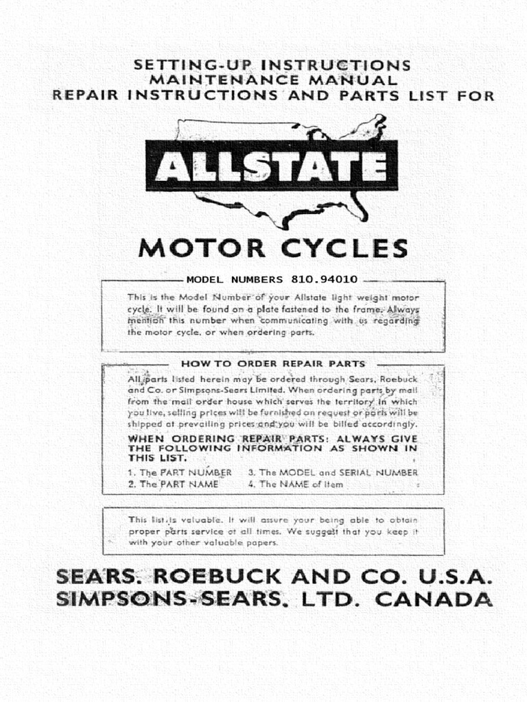 Allstate Sears Motorcycle Parts Maintenance Repair Manual | PDF