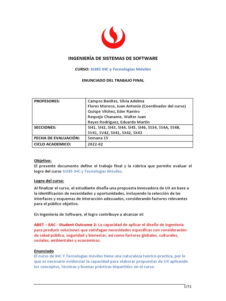 Upc Pre 202202 Si385 Final Project Statement Abet - v2 | PDF | Software ...