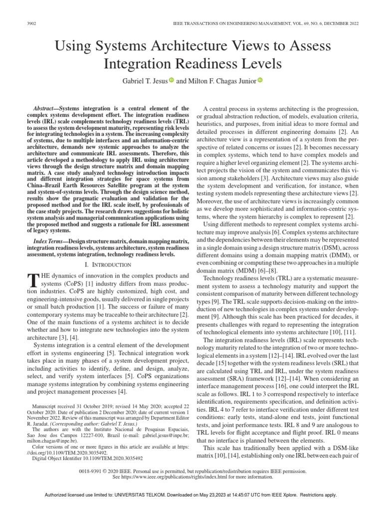 Using Systems Architecture Views To Assess Integration Readiness Levels | PDF | System | Systems ...