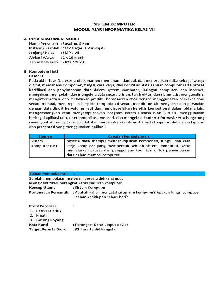 Sistem Komputer Modul Ajar Informatika Kelas Vii | PDF