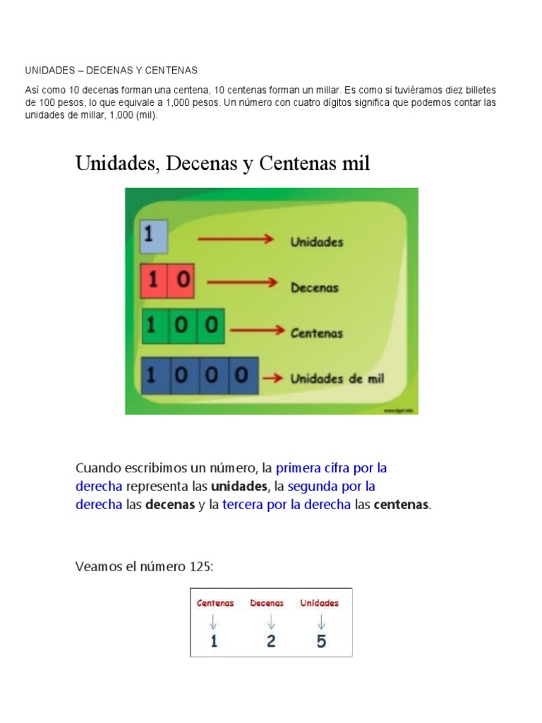 Unidades - Decenas - Centenas | PDF