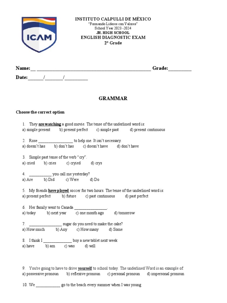 English Diagnostic Exam 2° Grade 2023-2024 1 | PDF | Grammatical Tense | Linguistics