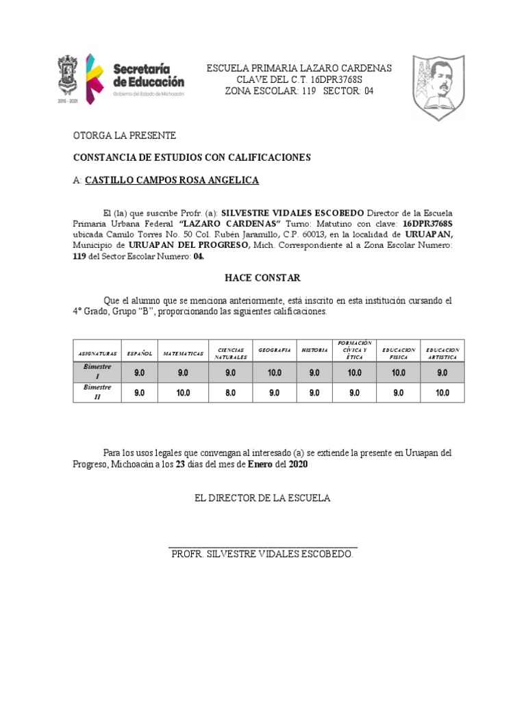 Constancia de Estudios Con Calificaciones | PDF
