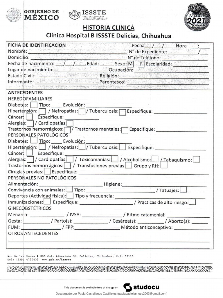 Formato historia clínica ISSSTE | PDF