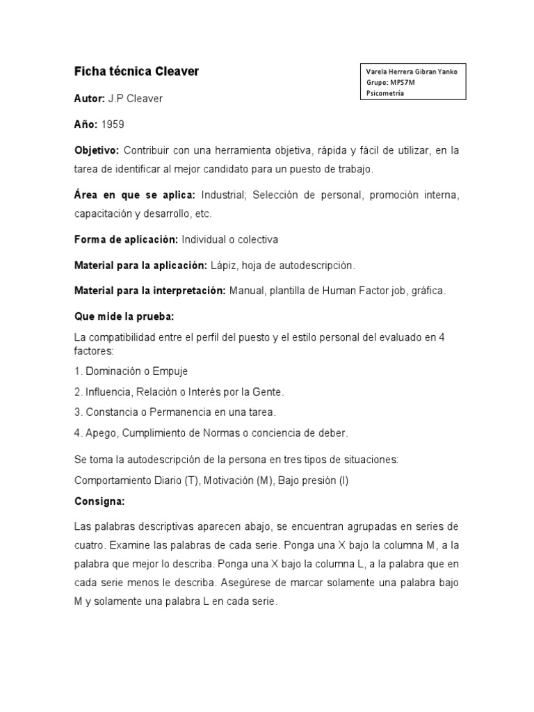 Evaluación Cleaver para Selección Laboral | PDF