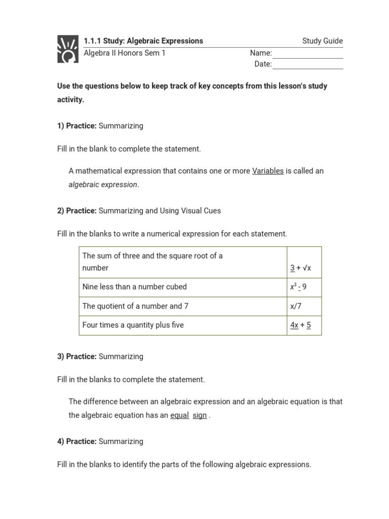 1.1.1 Study - Algebraic Expressions (Study Guide) | PDF | Equations ...
