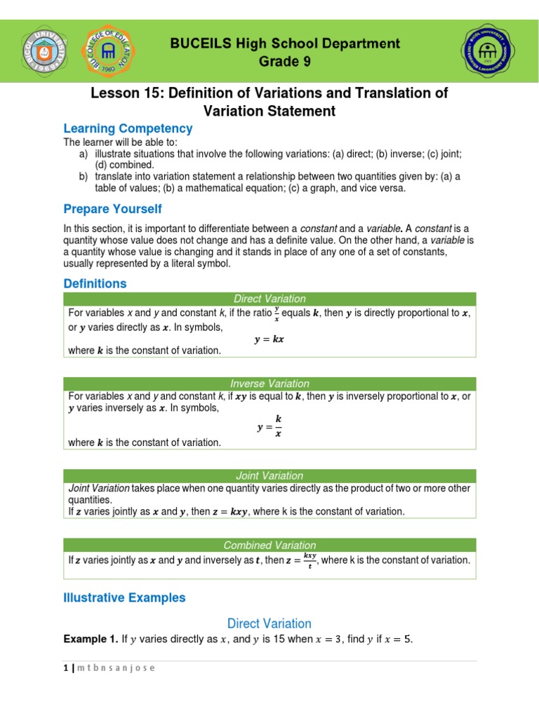 Lesson 15 Definition and Translation of Variation Statement | Download Free PDF | Variable ...