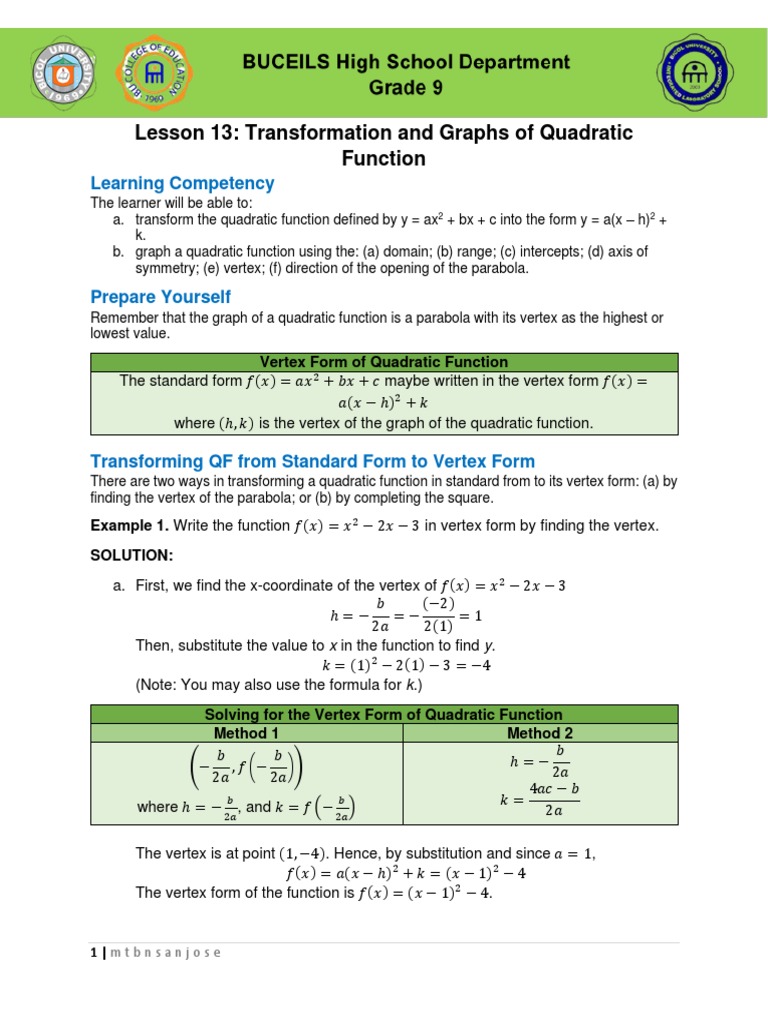 Lesson 13 Transformation and Graphs of QF | PDF | Quadratic Equation ...