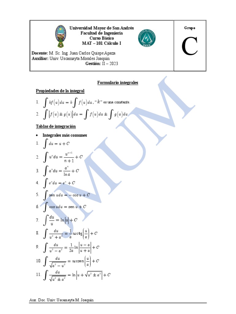 Formulario Integrales | PDF | Integral | Derivado
