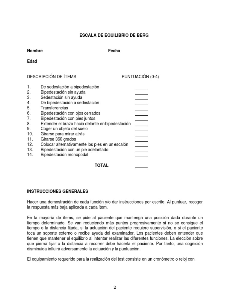 Escala de Equilibrio de Berg para Adultos | PDF