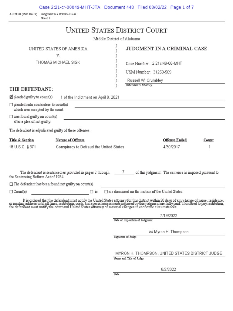 Sisk Sentencing Order | PDF | United States Federal Probation And ...