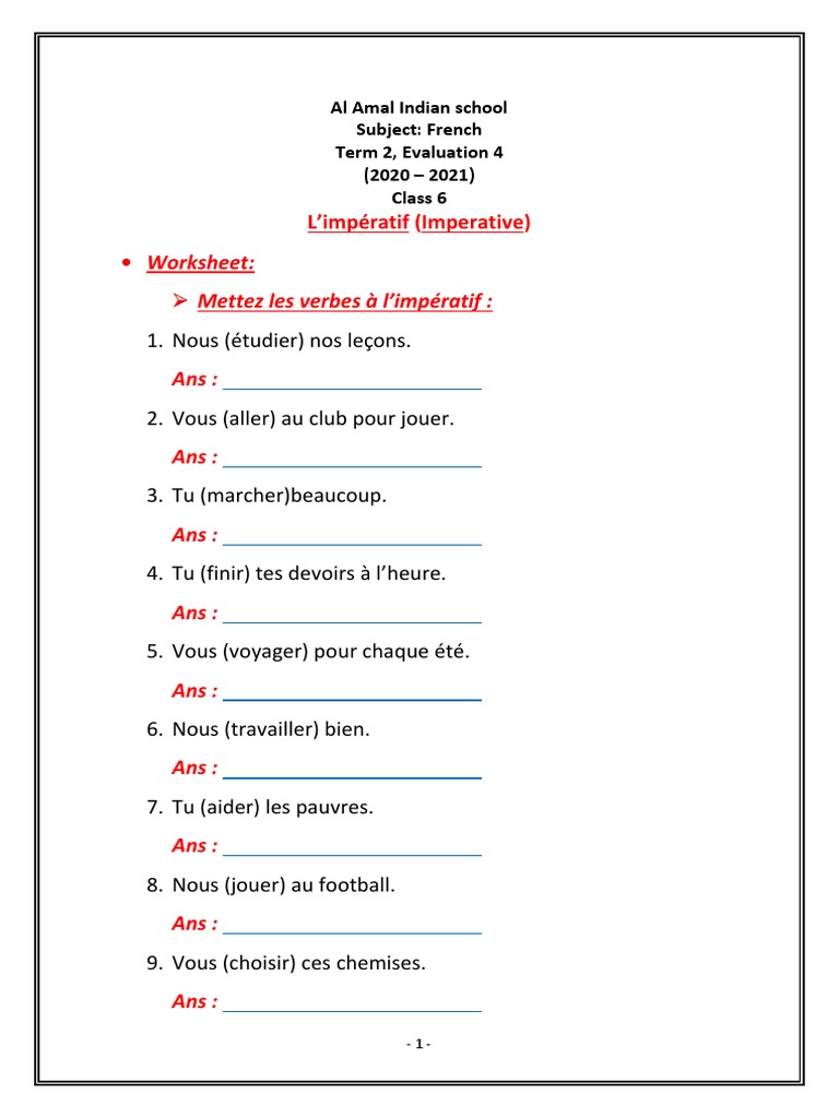 L'impératif - (Worksheet) | PDF