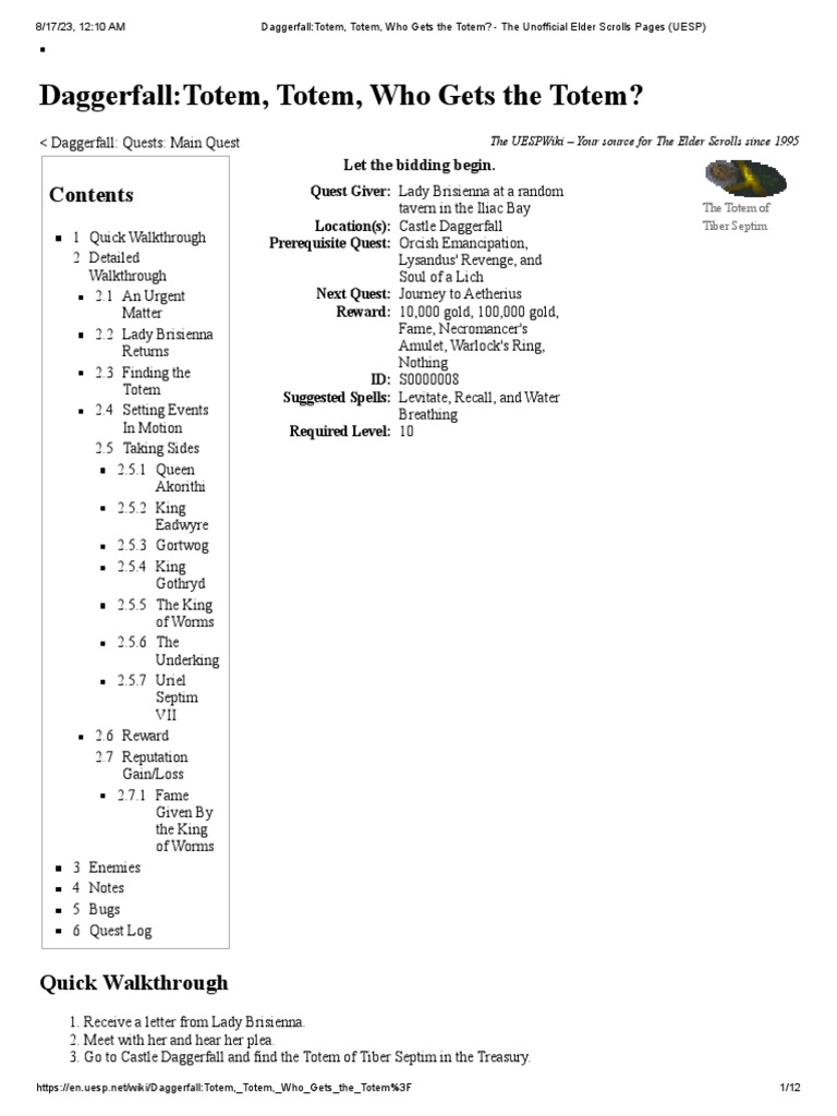 Daggerfall: Totem Quest Overview | PDF