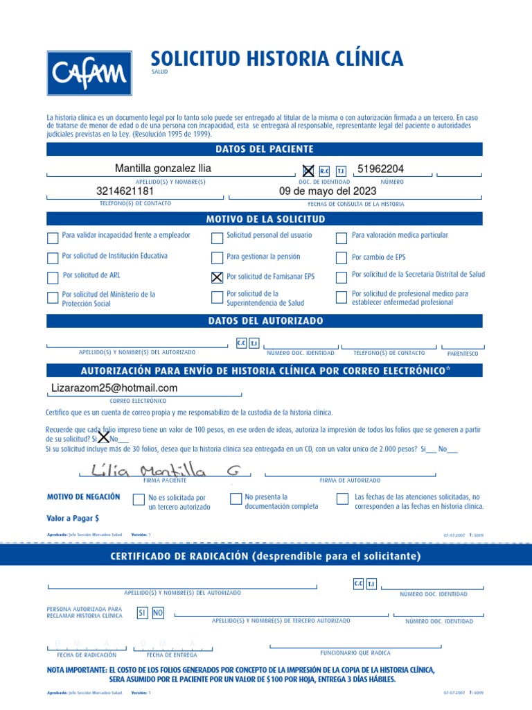 Solicitud Historia Clinica V1 | PDF | Historial médico | Cuidado de la ...