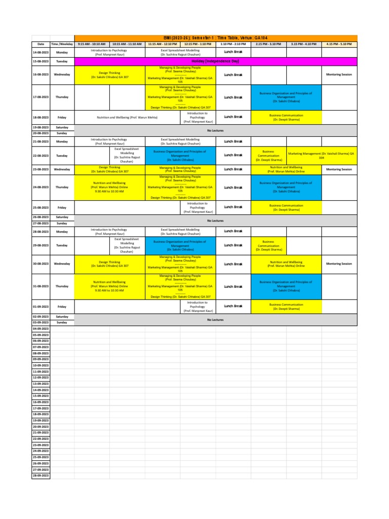 MBA Integrated (2023-26) Sem.-1 Time Table | PDF | Workweek And Weekend