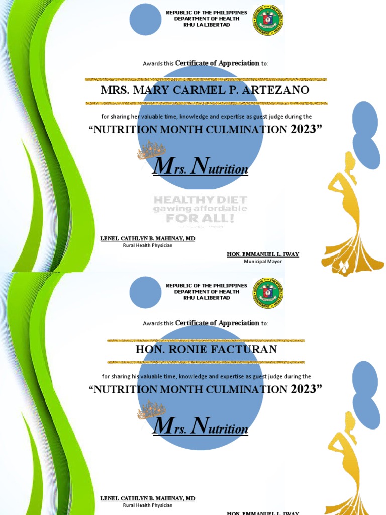 Certification of Appreciation (Mrs. Nutrition) | PDF