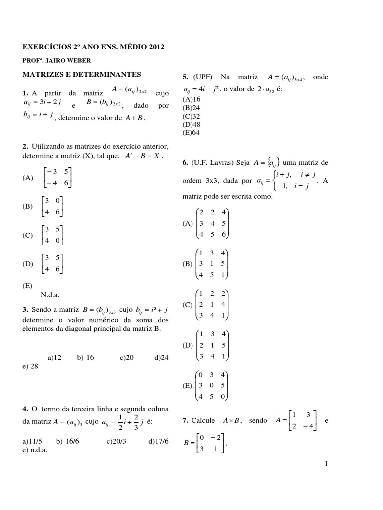 EXERCÍCIOS Matriz | PDF