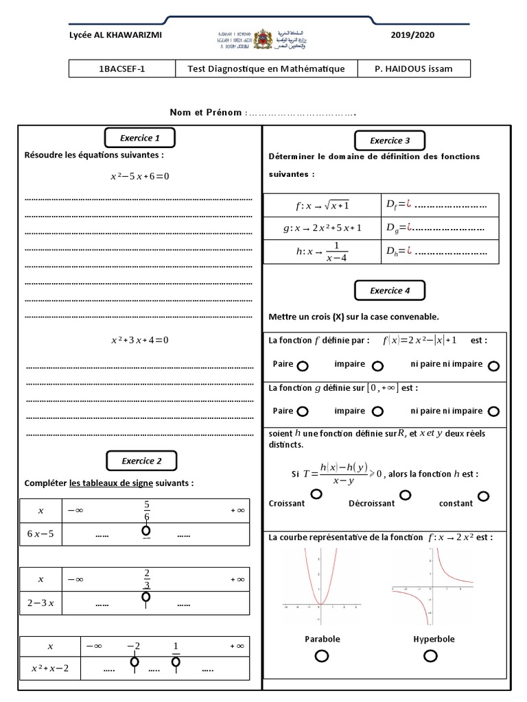 Test Diagnostique Math 1BAC SEF | PDF | Limite (mathématiques ...