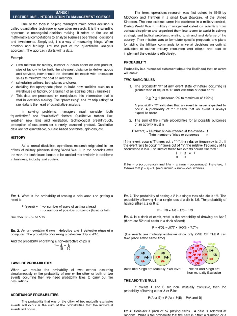 Mansci Lecture 2 Probability | PDF | Operations Research | Probability