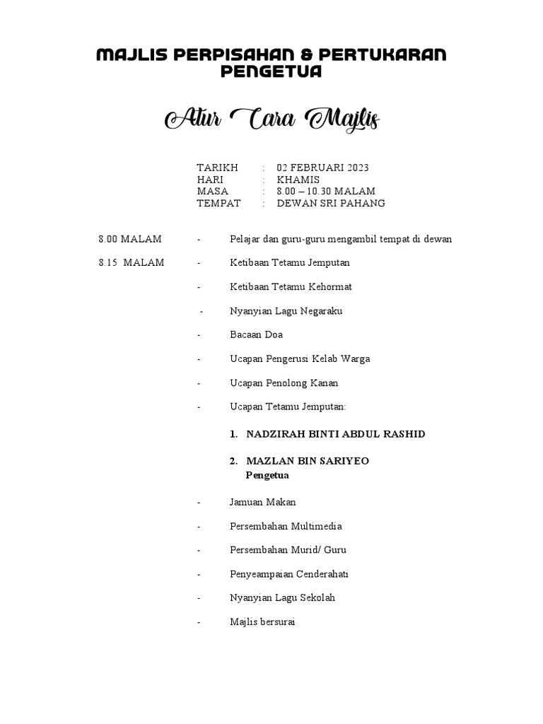 TENTATIF Majlis Pengetua (New) | PDF