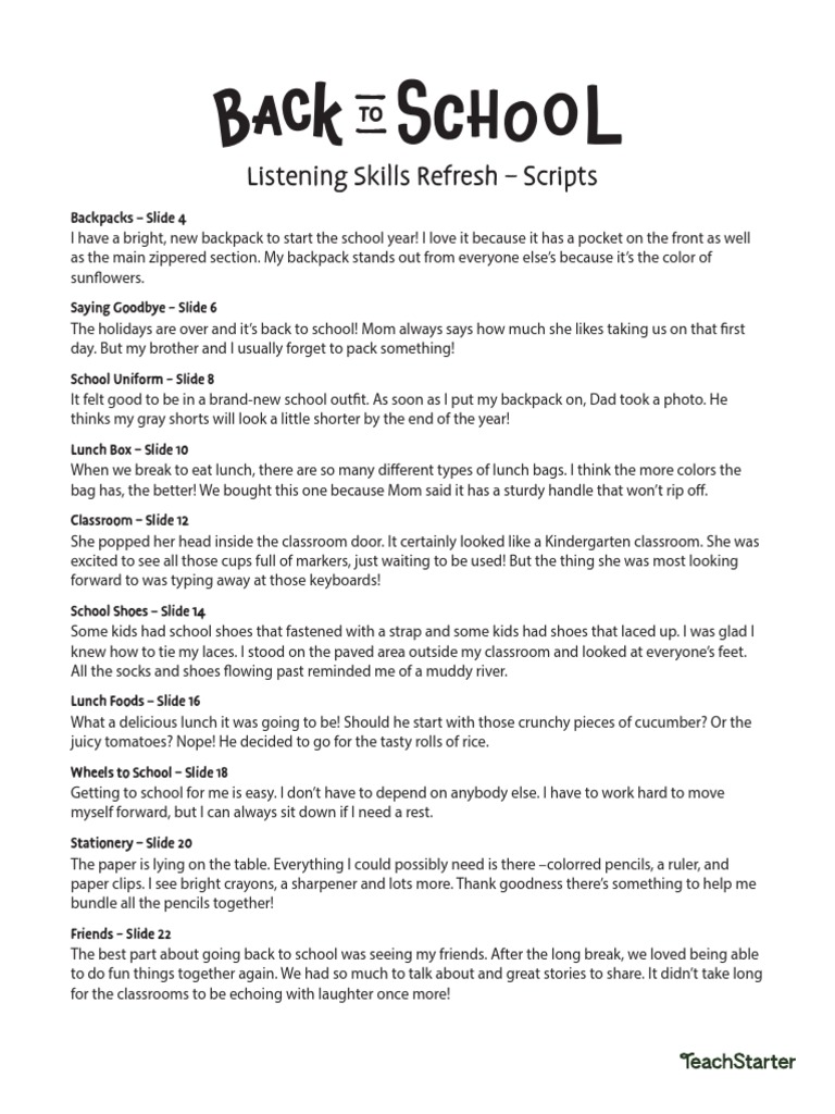 Back To School Listening Skill Refresh Activity Script | PDF Back To School Listening Skill Refresh Activity Script | PDF