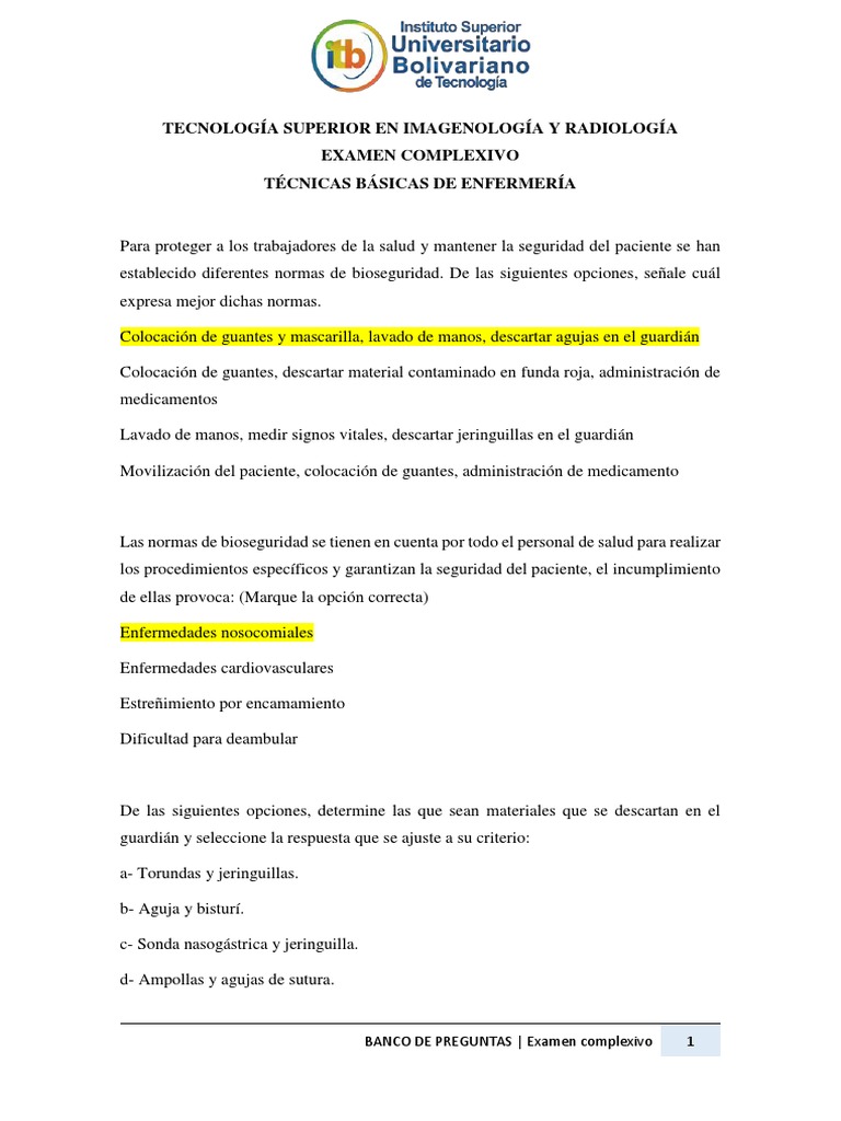 Banco de Preguntas - Tecnicas Basicas de Enfermeria - Examen Complexivo - Ts Imagenologia y ...