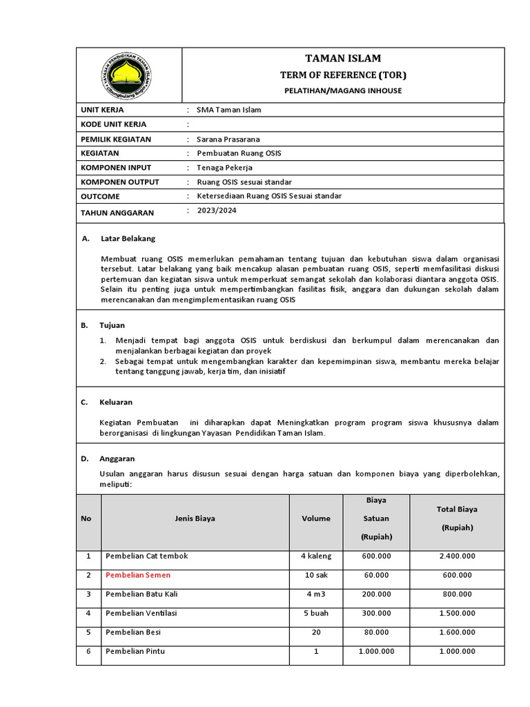 Pembuatan Ruang OSIS SMA Taman Islam | PDF