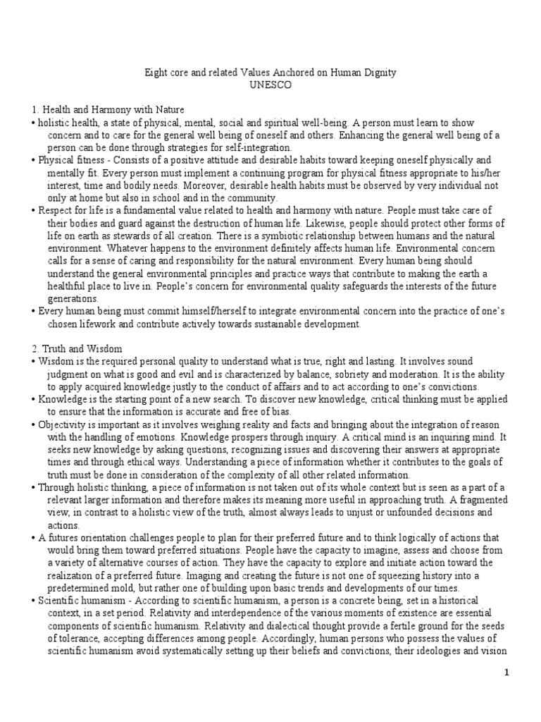 Eight Core and Related Values Anchored On Human Dignity (Formatted) | PDF Eight Core and Related Values Anchored On Human Dignity (Formatted) | PDF