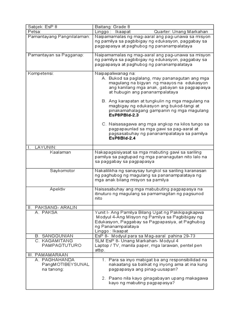 EsP8 Lesson Plan Q1 Week4 | PDF