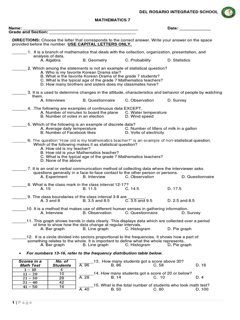 Q4 - Math 7 - Periodical Exam | PDF | Mean | Mathematics