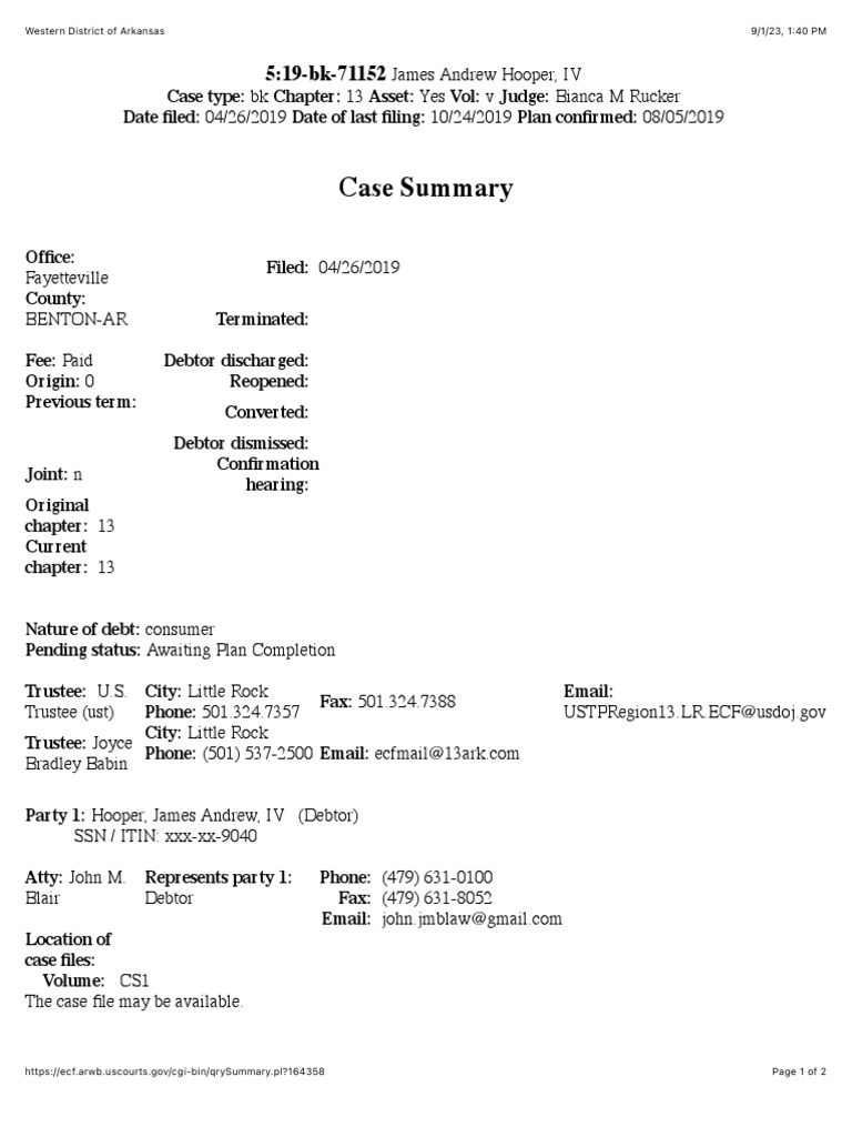 Hooper Bankruptcy Case Summary | PDF | Bankruptcy | Private Law