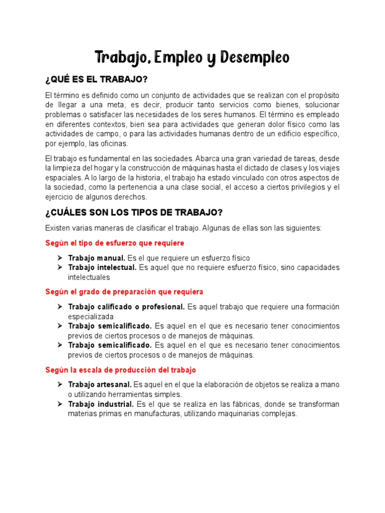 Trabajo, Empleo y Desempleo: Definiciones y Tipos | PDF | Empleo ...