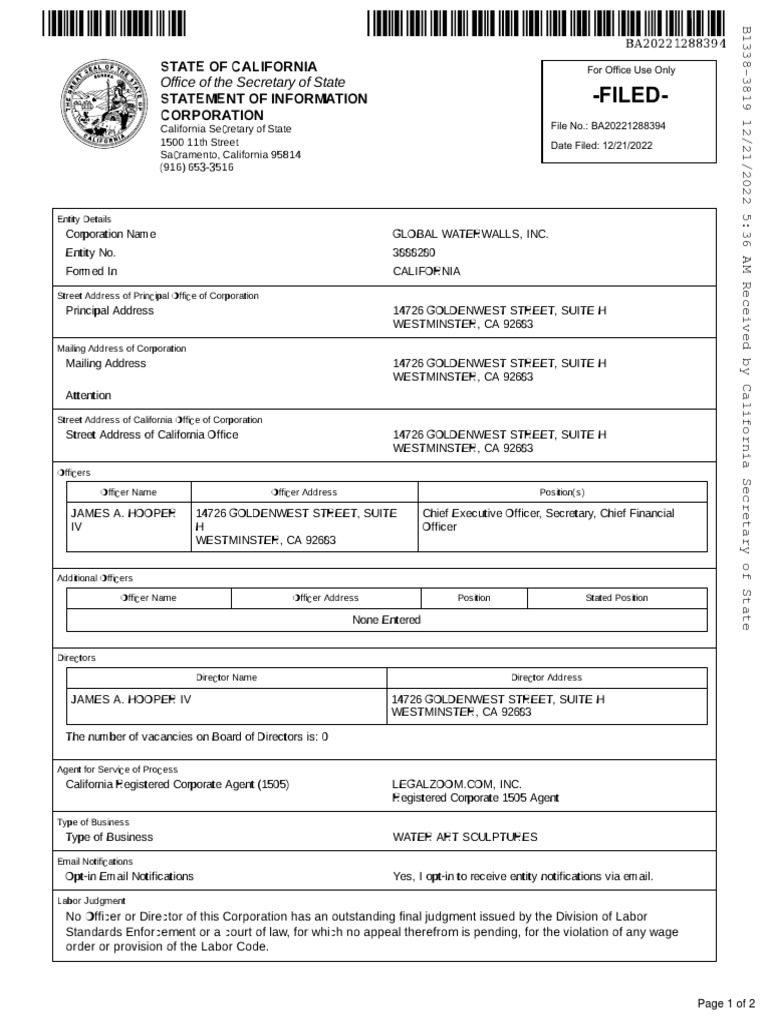 James A Hooper Water Walls | PDF | Registered Agent | Justice