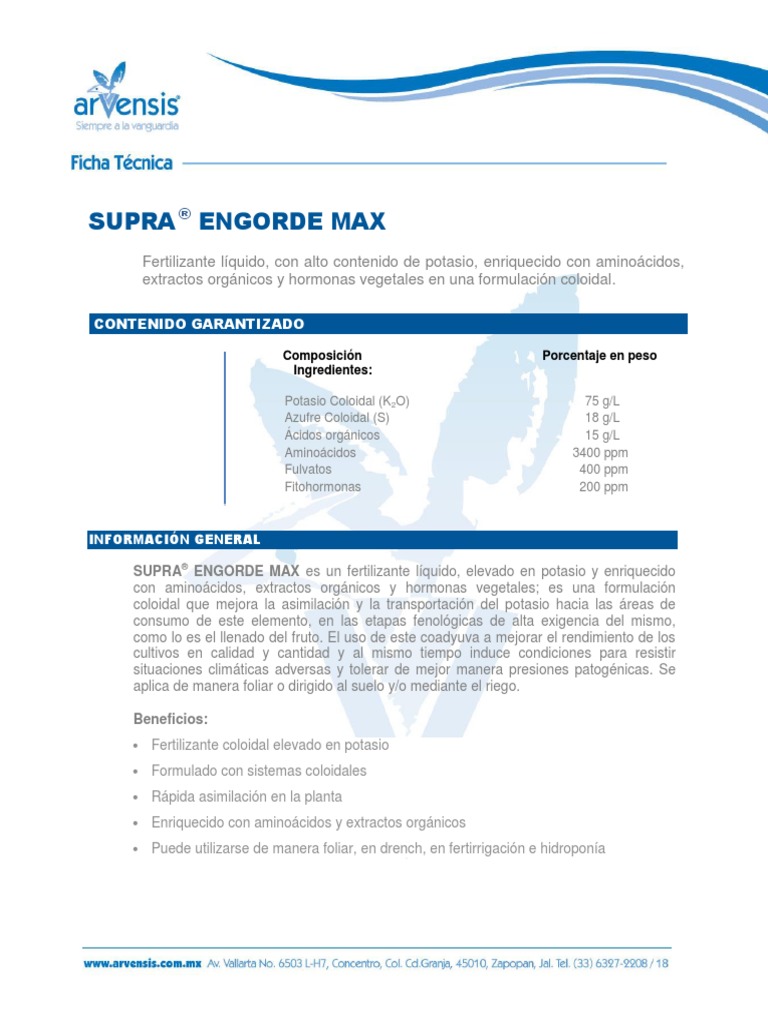 Fertilizante Supra Engorde Max: Ficha Técnica | PDF | Hormona Vegetal ...