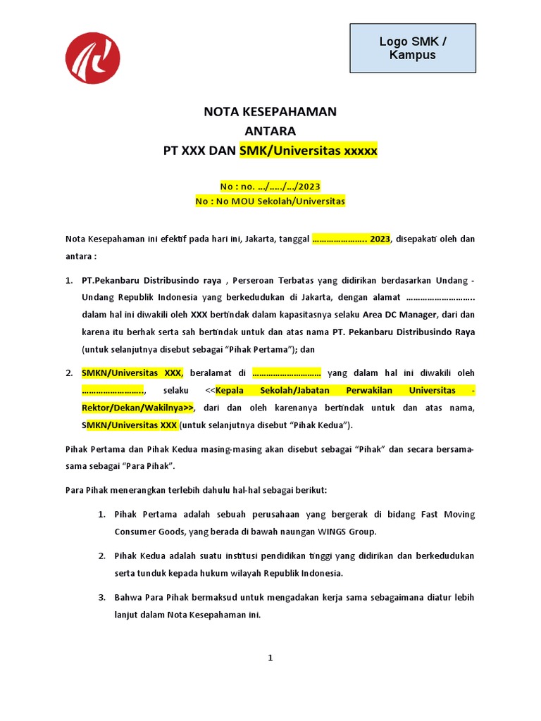 Template MOU SMK or University | PDF