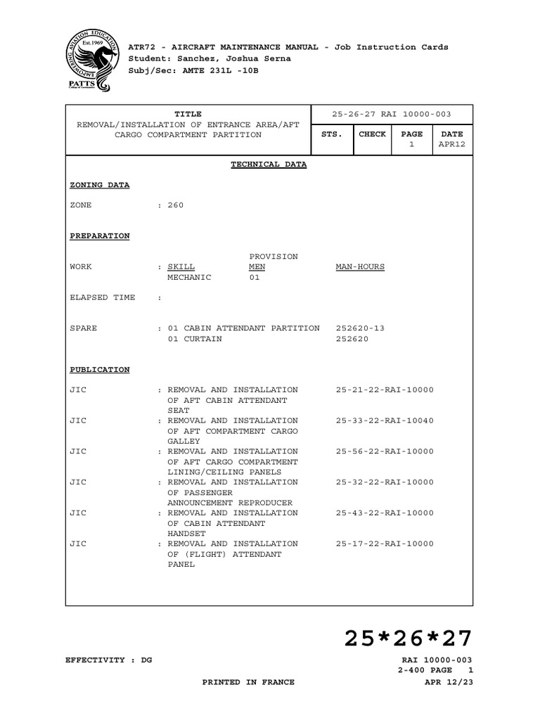 ATR72 Aircraft Maintenance Job Cards | PDF | Screw | Aircraft